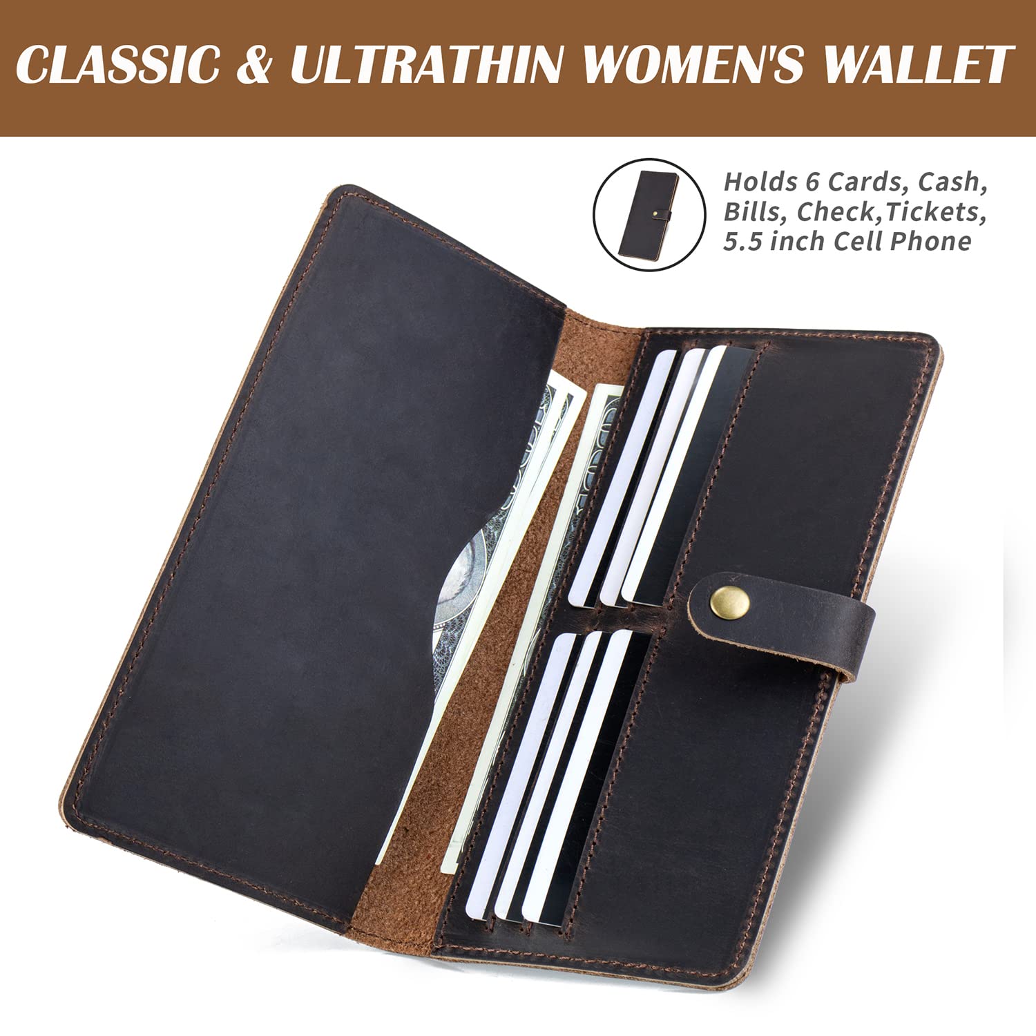 Wallets for Women Leather Card Organizer Ladies Slim Wallet Purse (Coffee)