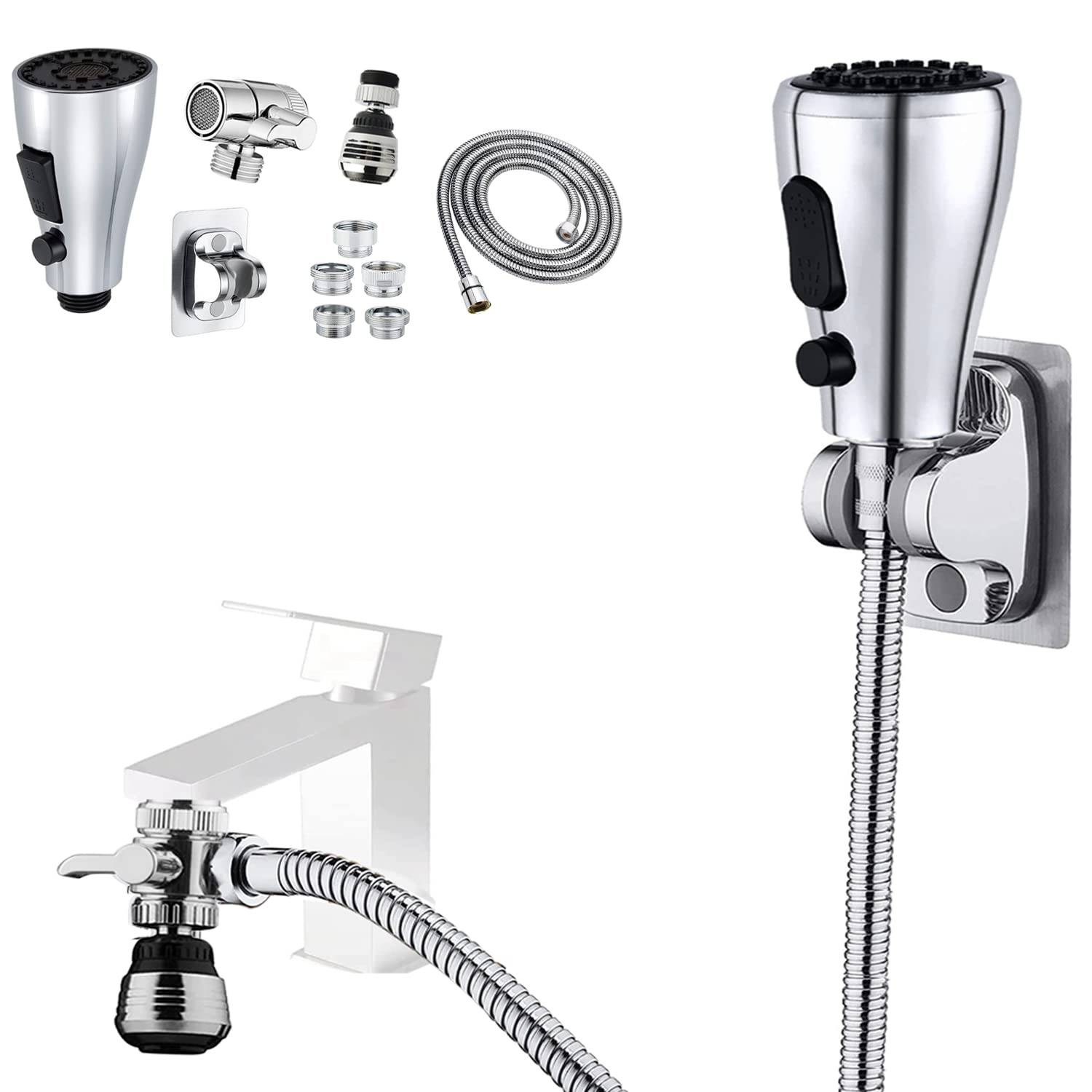 Kitchen Faucet Sink Sprayer Attachment Set,3 Modes Sink Sprayer Replacement Head with Stainless Steel Hose,Faucet Aerator and Brass Diverter Valve (5 pcs Adapter) for Washing Fruit,Dishes and Hair