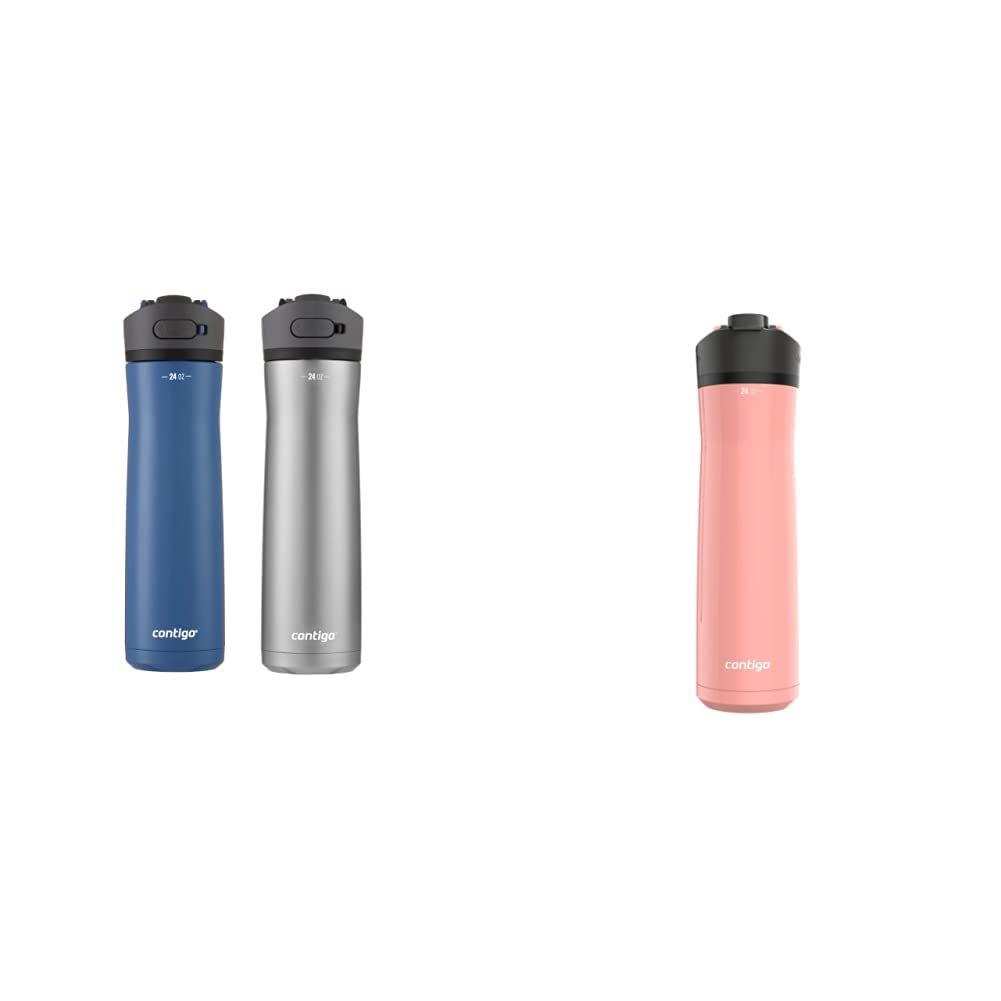 Contigo Ashland Chill 2.0 Stainless Steel Water Bottle, 24oz 2-Pack, Blue Corn & Steel & Cortland Chill 2.0 Stainless Steel Vacuum-Insulated Water Bottle with Spill-Proof Lid, 24oz, Pink Lemonade