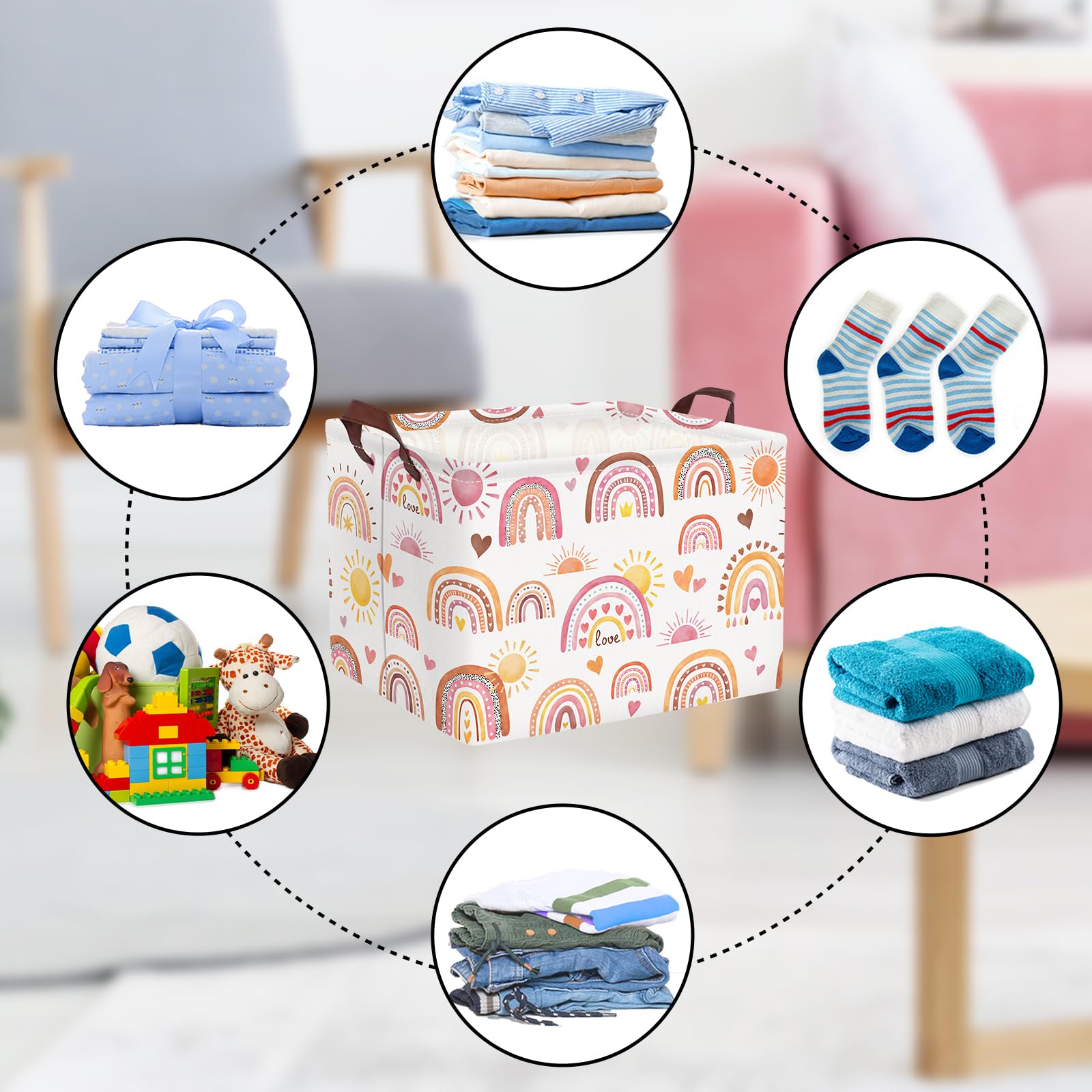 Clastyle Boho Pink Purple Rainbow Storage Baskets Rectangular Sun Heart White Shelf Basket with Handle Clothes Books Toys Storage Bin for Bedroom Kindergarten