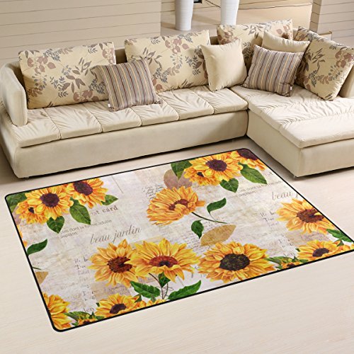 Yochoice Non-Slip Area Rugs Home Decor, Vintage Yellow Watercolor Sunflower Floral Floor Mat Living Room Bedroom Carpets Doormats 31 x 20 inches