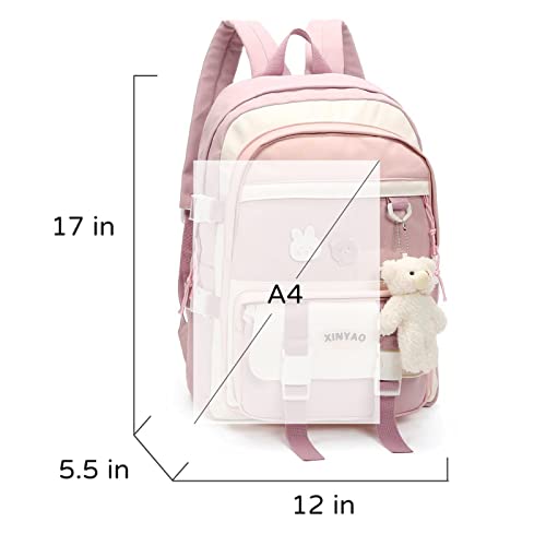 Phaoullzon Kawaii Backpack for School Aesthetic Bookbag Cute Anime Backpacks for Girls with Pins and Pendant, Pink