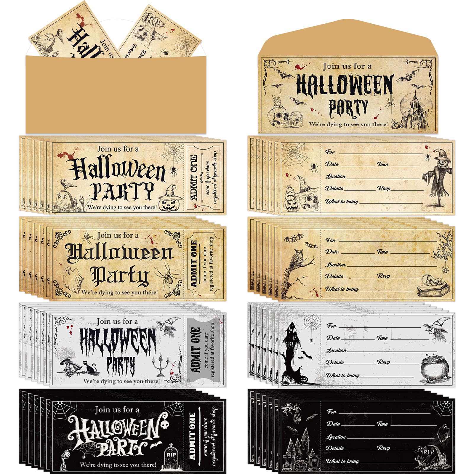 gisgfim 80PCS Halloween Party Invitations with Envelopes Vintage Halloween Fill In Black Invites Scary Skull Invitations Horror Halloween Party Ticket Invitations for Birthday Baby Shower Supplies