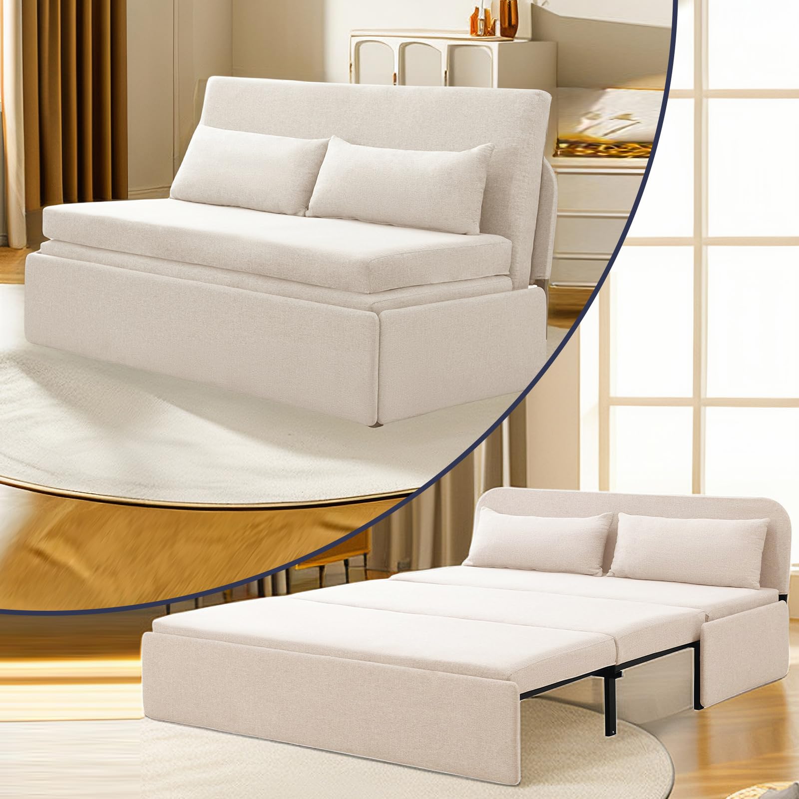 ijuicy Pull Out Sofa Bed, Linen Modern Sofa with Pull Out Bed, Pull Out Sleeper Sofa, 2-in-1 Couch Bed with Pillows &Mattress, Queen Size Sofa Bed for Living Room/Apartment (Beige, Queen)
