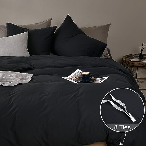PHF 100% Cotton Duvet Cover Queen Size, 3pcs Washed Cotton Linen Like Comforter Cover, Soft Breathable Durable Cooling Duvet Cover for Hot Sleepers, 90" x 90", Black