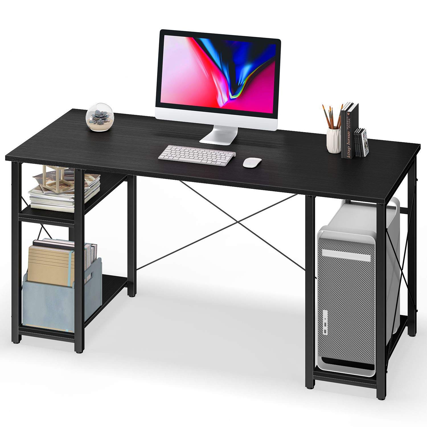 Computer Desk with Storage Shelves 55 inch Home Office Desk with CPU Stand, Study Writing Desk Workstation for Small Space, Black