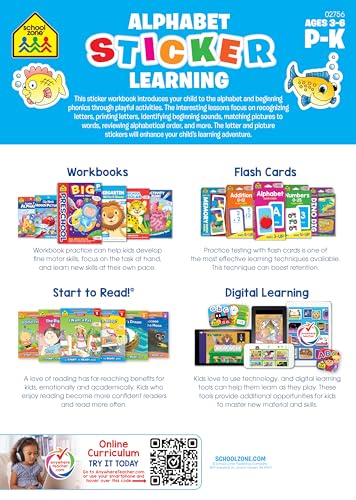 School Zone - Alphabet Stickers Workbook - 64 Pages, Ages 3 to 6, Preschool to Kindergarten, 267 Stickers, ABCs, Printing Letters, Phonics, and More (School Zone Stuck on LearningĀ® Book Series)