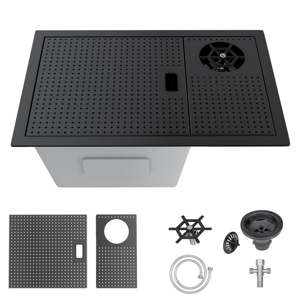 BULUBEE Black Stainless Steel Bar Sink with Glass Rinser, Single Bowl Kitchen Sink, Drop-in or Undermount (23"L x 15"W x 9"D)