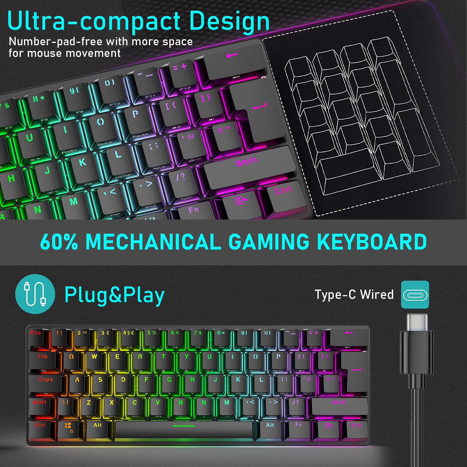 Compact 60% Mechanical Gaming Keyboard with Ergonomic Anti-ghosting Mini 61 Key Layout Rainbow RGB Backlight Waterproof Metal Plate Type-C USB Wired for PC Mac Gamer Office Typist (Black/Brown Switch)