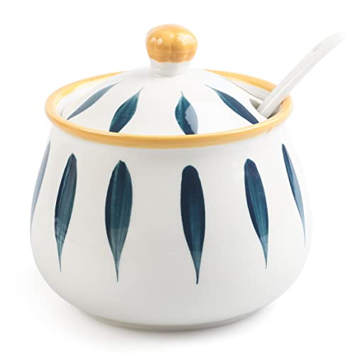 Idevalk Porcelain Sugar Bowl with Lid and Spoon, 12 Ounce Ceramic Sugar Container for Kitchen and Home, Farmhouse Sugar Jars for Coffee Bar