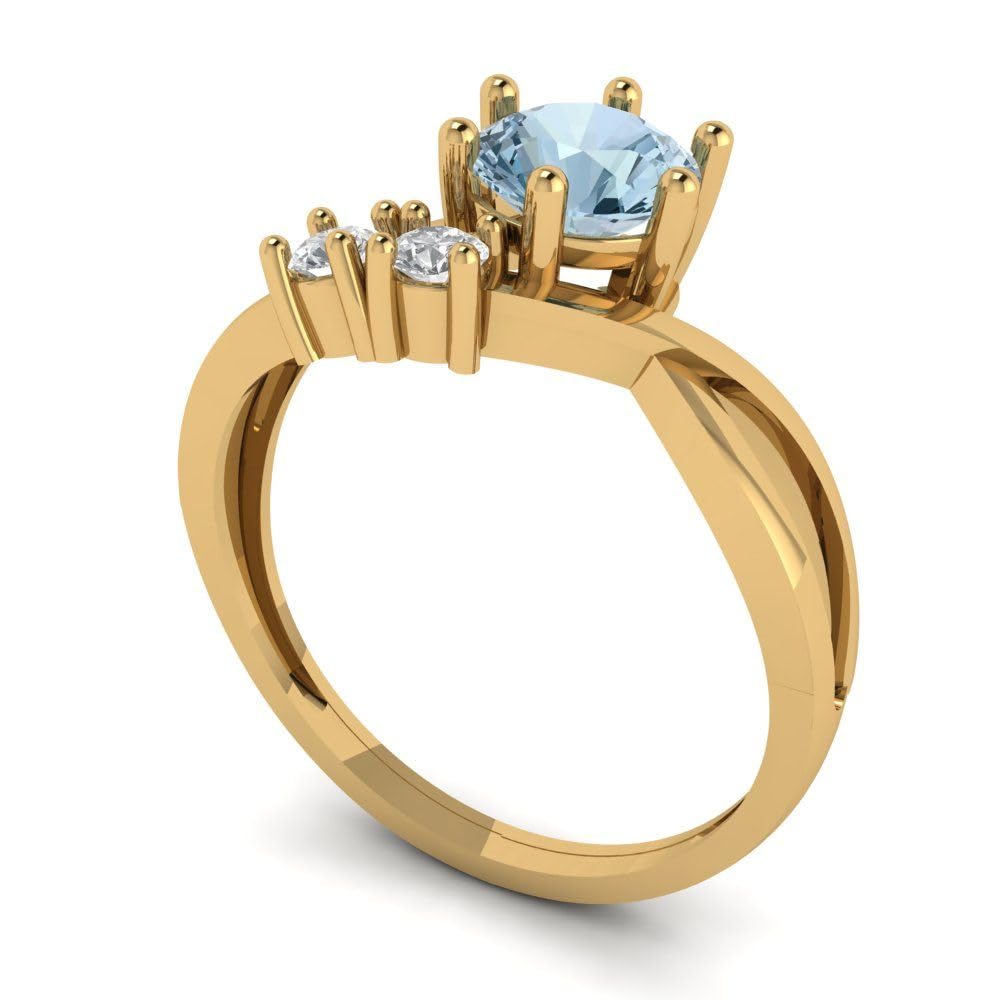 Clara Pucci 0.85 ct Round Cut 3 stone Solitaire Natural Light Blue Aquamarine Designer Anniversary Bridal Engagement Ring 14k Yellow Gold