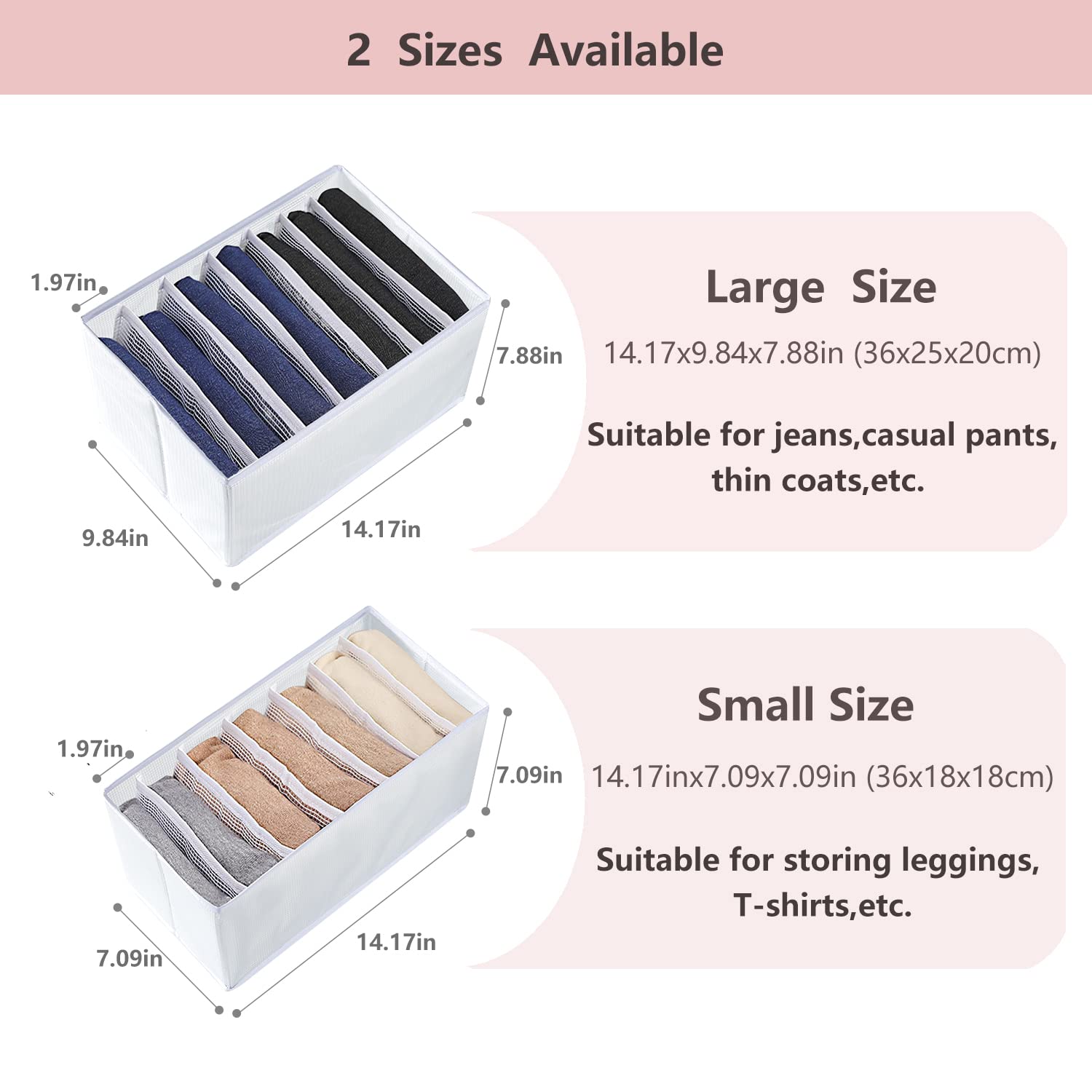 Wardrobe Clothes Organizer, Drawer Organizers For Clothing, Jeans Leggings 7 Compartments Foldable And Washable Storage Box, Built-in PP Board, No Deformation, Large Space, 2 Sizes (White)