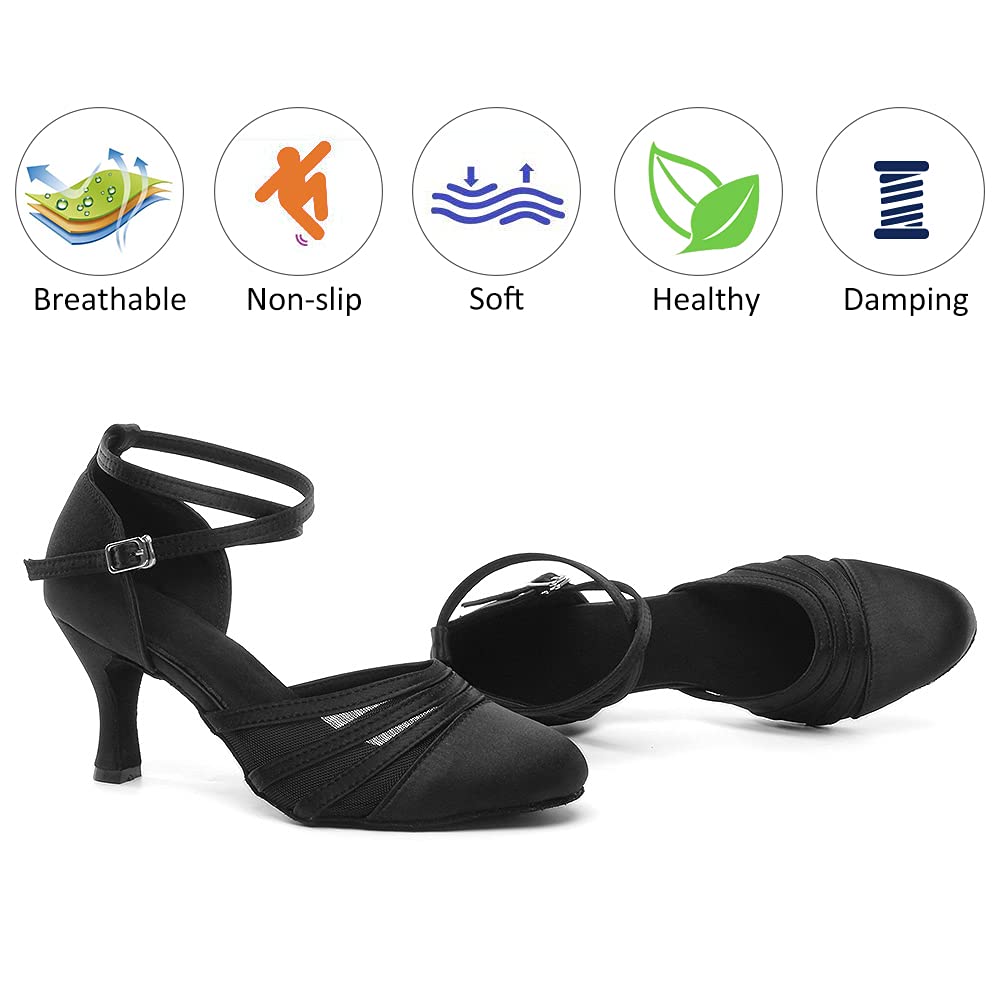 DKZSYIM Women's Satin Latin Dance Shoes Close Toe Ballroom Performance Dancing Shoes,YCL189-Black-7.5,US 9