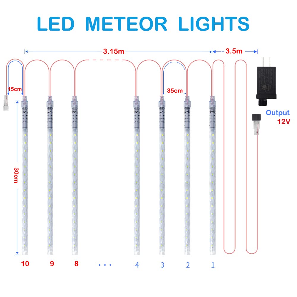 Vikdio Meteor Shower Rain Lights, 30cm 16 Spiral Tubes 480 LEDs 5.25m Lit Length Waterproof Snowfall LED Lights for Wedding Christmas Garden Tree Home Decor, Support 2 Sets Connected (Blue)