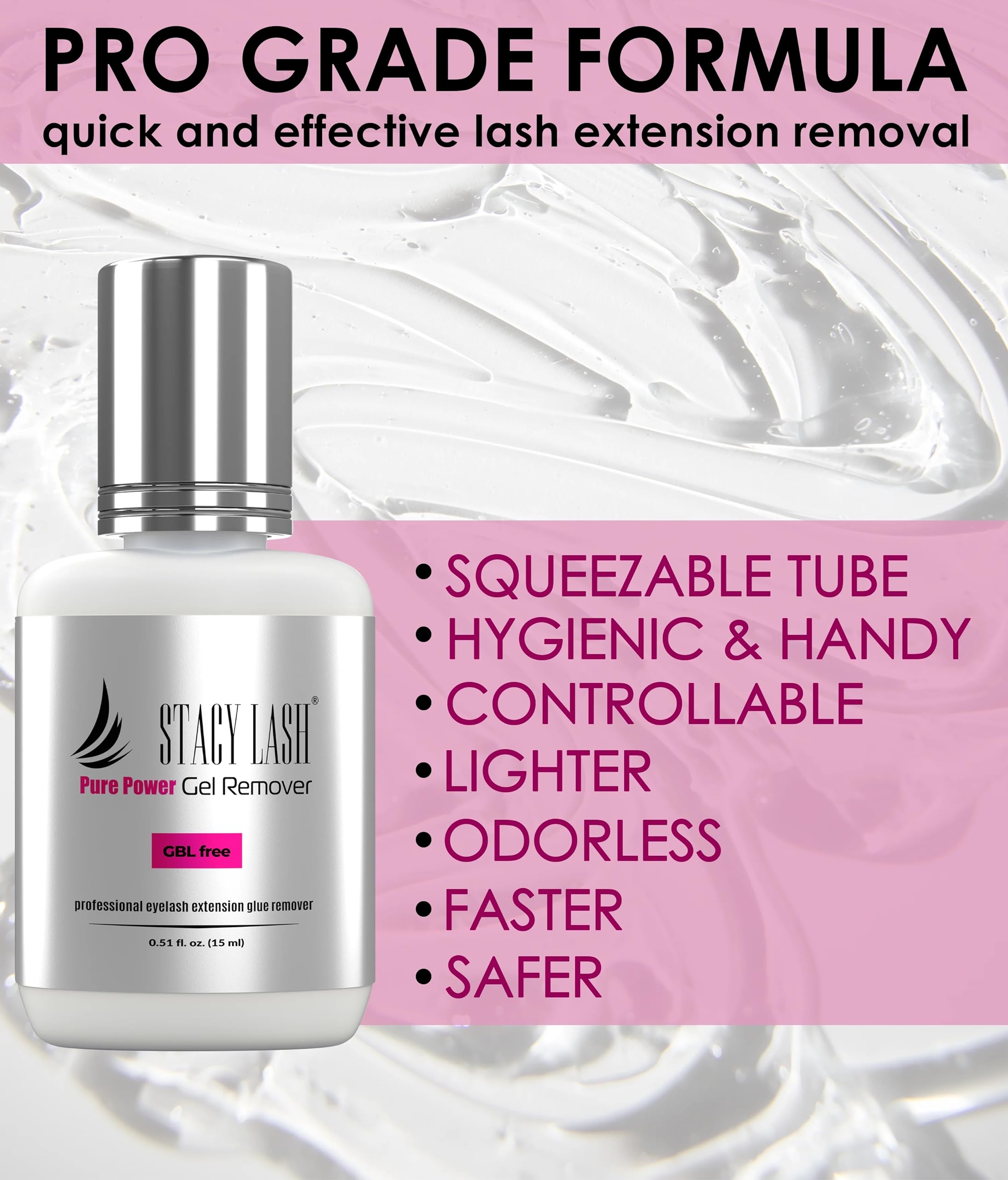 Eyelash Extension Remover by Stacy Lash (0.51 fl.oz / 15 ml) / Odorless Lash Remover for Lash Extensions / 60 Sec Dissolution Lash Glue Remover/Professional Lash Tech Supplies