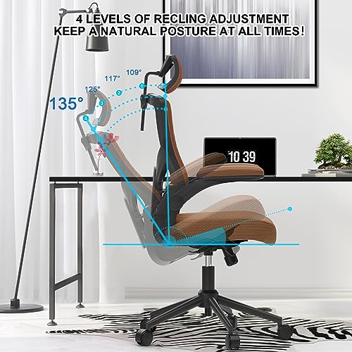π―πΆπ΄π¬ πΆπππ°πͺπ¬ πͺπ―π¨π°πΉ, Ergonomic Mesh Desk Chair, High Back Computer Chair- Adjustable Headrest with Flip-Up Arms, Lumbar Support, Swivel Executive Task Chair (Mummy Brown, Modern)