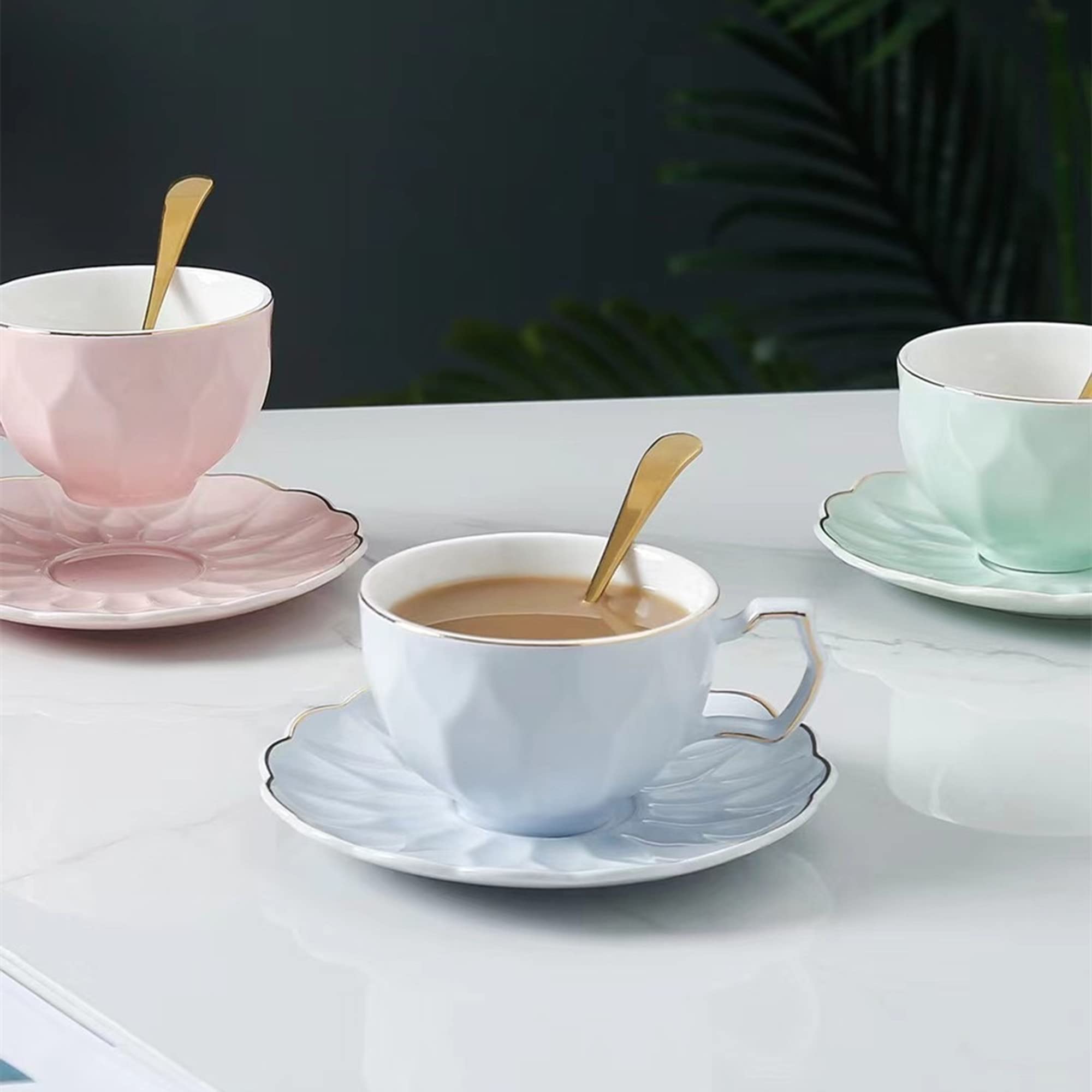fanquare 3 Piece Porcelain Cup and Saucer Set with Spoon, Vintage Pink Coffee Cup for Latte, Mocha, 7 Ounce