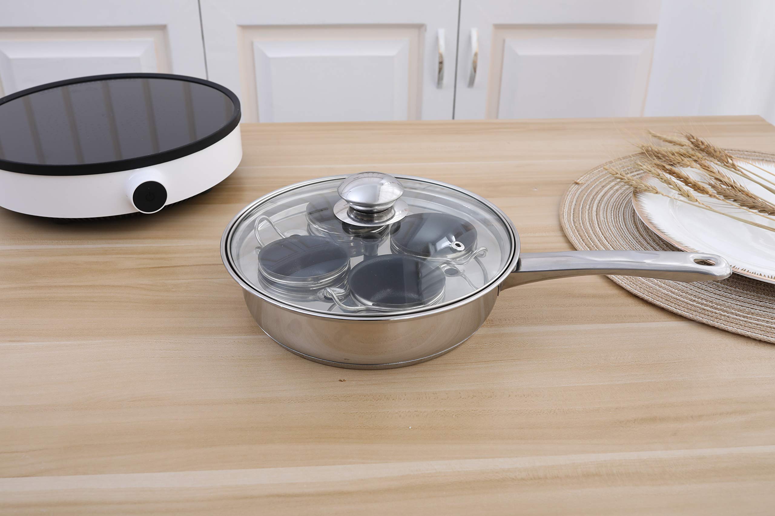 Egg Poacher Pan - Stainless Steel Poached Egg Cooker β Perfect Poached Egg Maker β Induction Cooktop Egg Poachers Cookware Set with 4 Nonstick Large PFOA FREE Egg Poacher Cups and Silicone Spatula