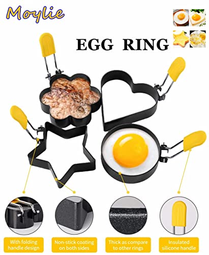 Egg Ring Upgraded Set of 4 with Oil Brush,Foldable silicone handle.Stainless Steel Egg Ring,Non Stick Round Omelette Model for Fried Egg McMuffin Sandwiches.(4 different shapes)