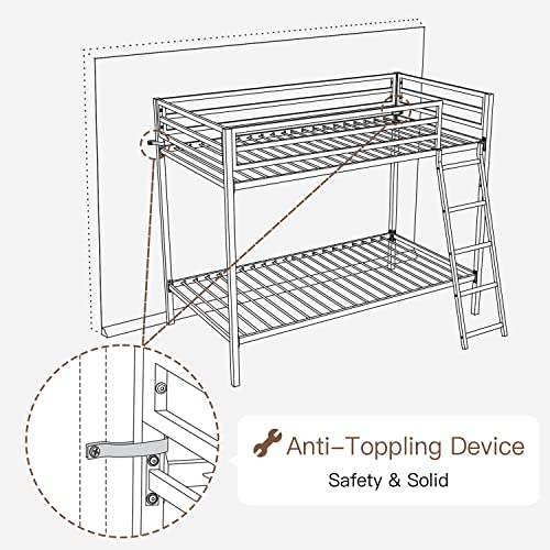 ikalido Metal Bunk Bed Twin Over Twin Size, Heavy Duty Twin Bunk Beds with Safety 14" Guard Rail & Sturdy Inclined Ladder, Space-Saving/No Box Spring Needed/Matte Black