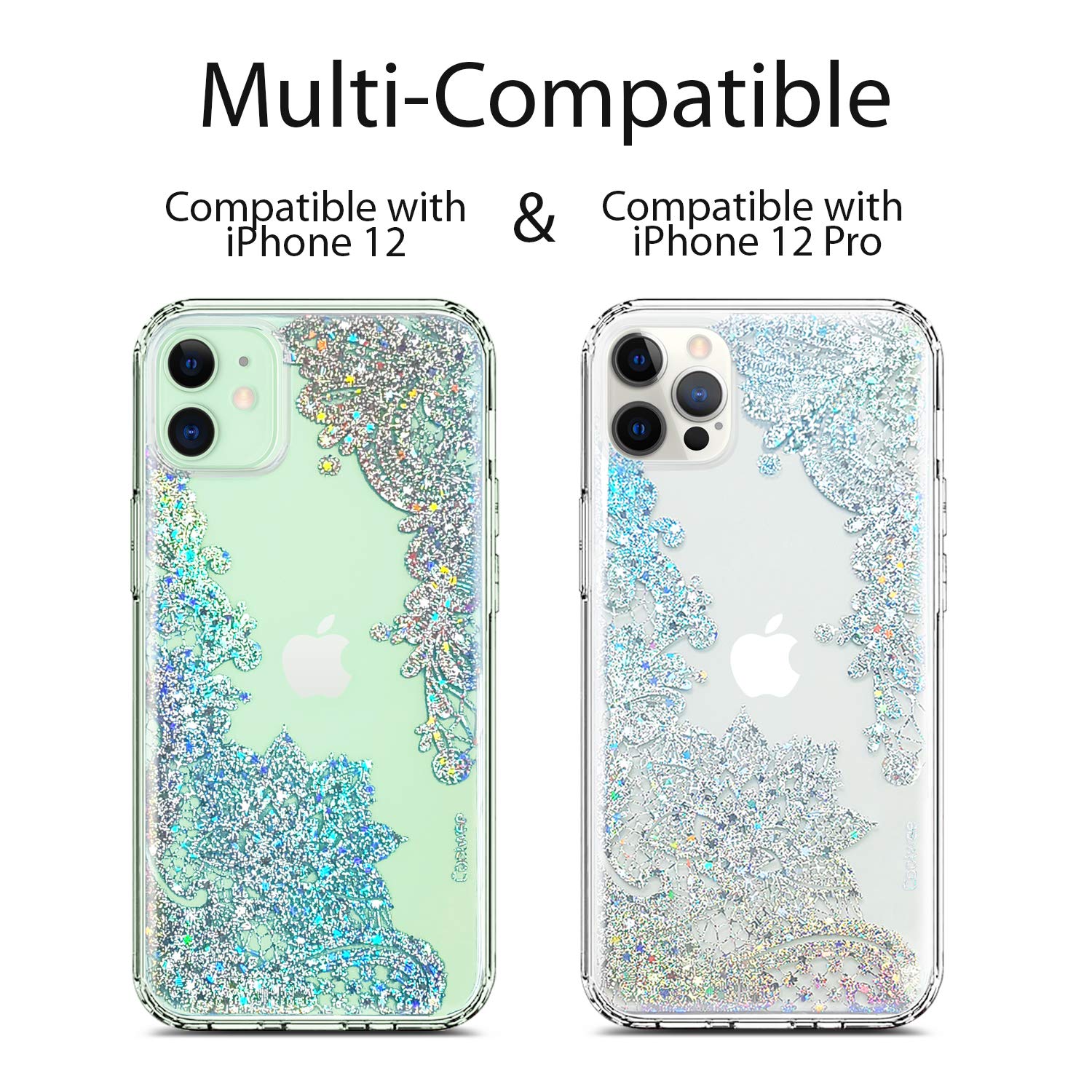 Coolwee Clear Glitter Compatible with iPhone 12 Case Thin Flower Slim Cute Crystal Lace Bling Women Girl Floral Hard Back Soft TPU Bumper Protective Cover for iPhone 12 Pro Mandala Henna Sparkle