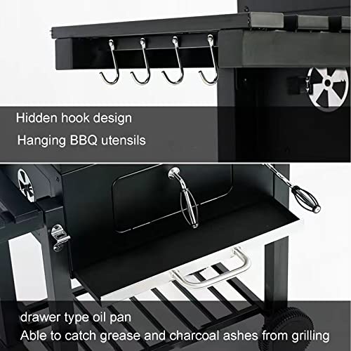 DADHI Trolley Smoker Durable Collapsible Charcoal BBQ Grill,Charcoal-Fueled BBQ Grill with Bottom Shelf Black