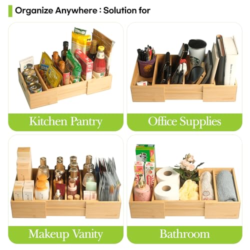 CLEANCLUE Expandable Kitchen Cabinet Organizer for Food Storage Container Lids, Bamboo Drawer Caddy Adjustable Dividers, Box for Kitchen Storage and Organization, Lids Organizer for Cabinet (Natural)