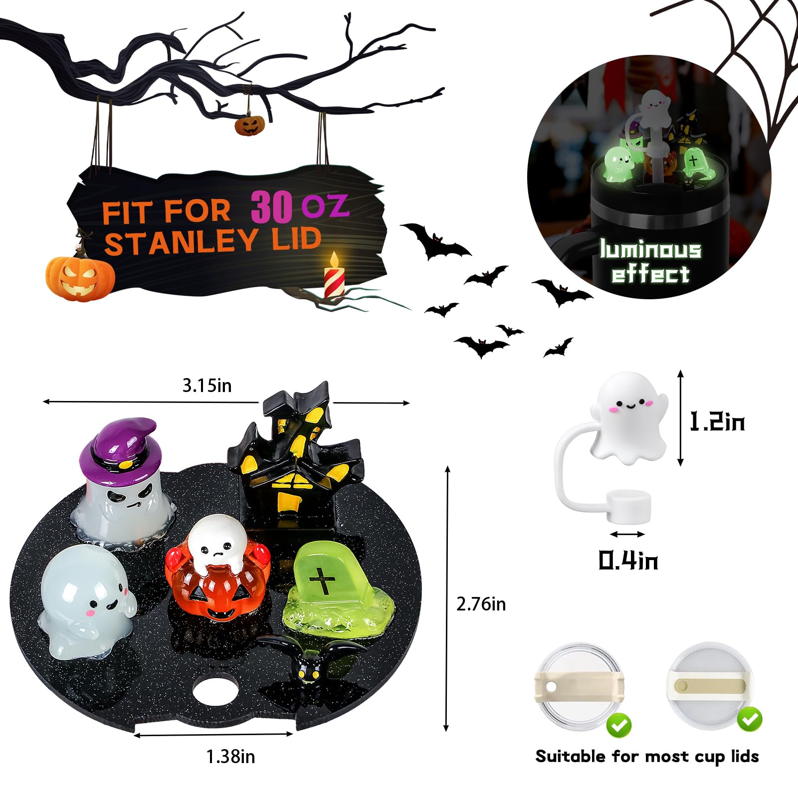 for Stanley Cup Lid Accessory, with Silicone Straw Cap, Suitable for 30oz Tumblers, Stanley Tumblers Top lid replacement for ornament Halloween(30oz)