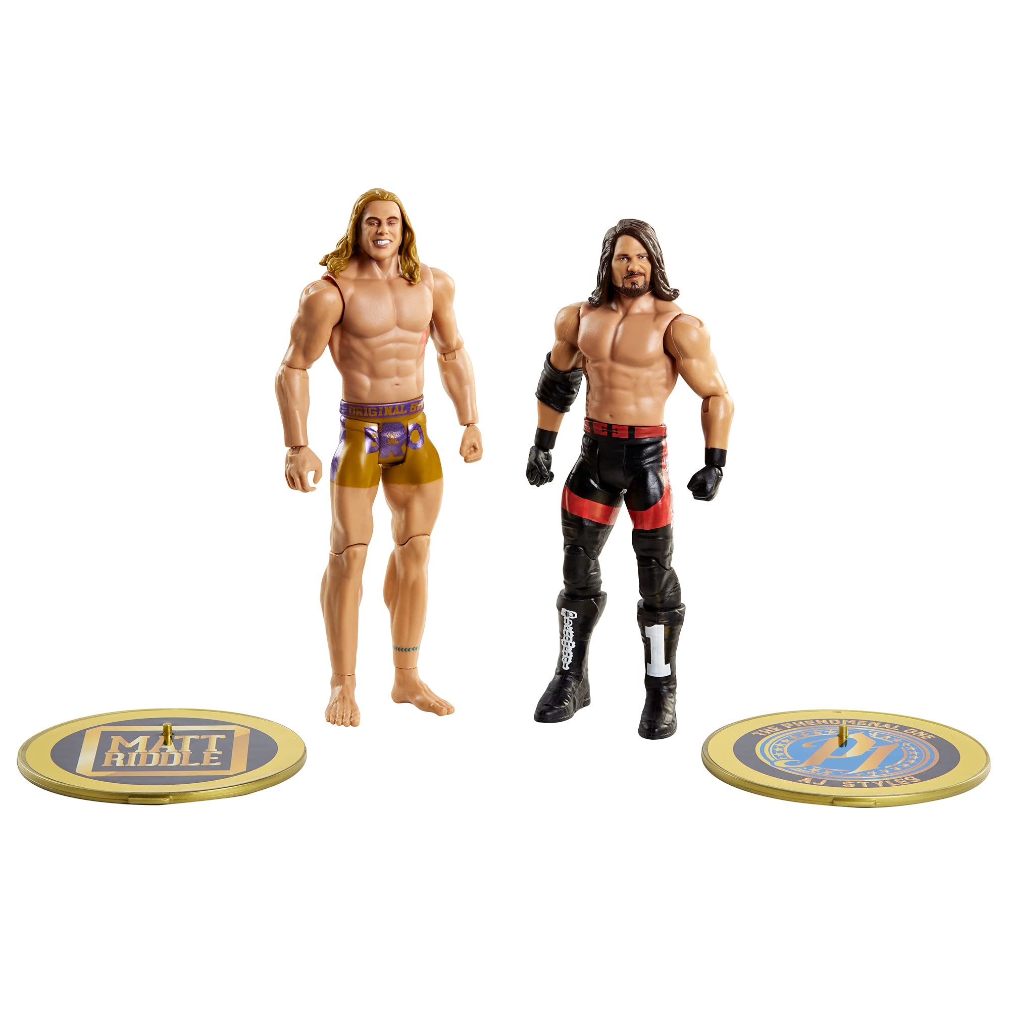 WWE AJ Styles vs Riddle, Championship Showdown 2-Pack, 6-in Action Figures High Flyers, Battle Pack for Ages 6 Years Old and Up