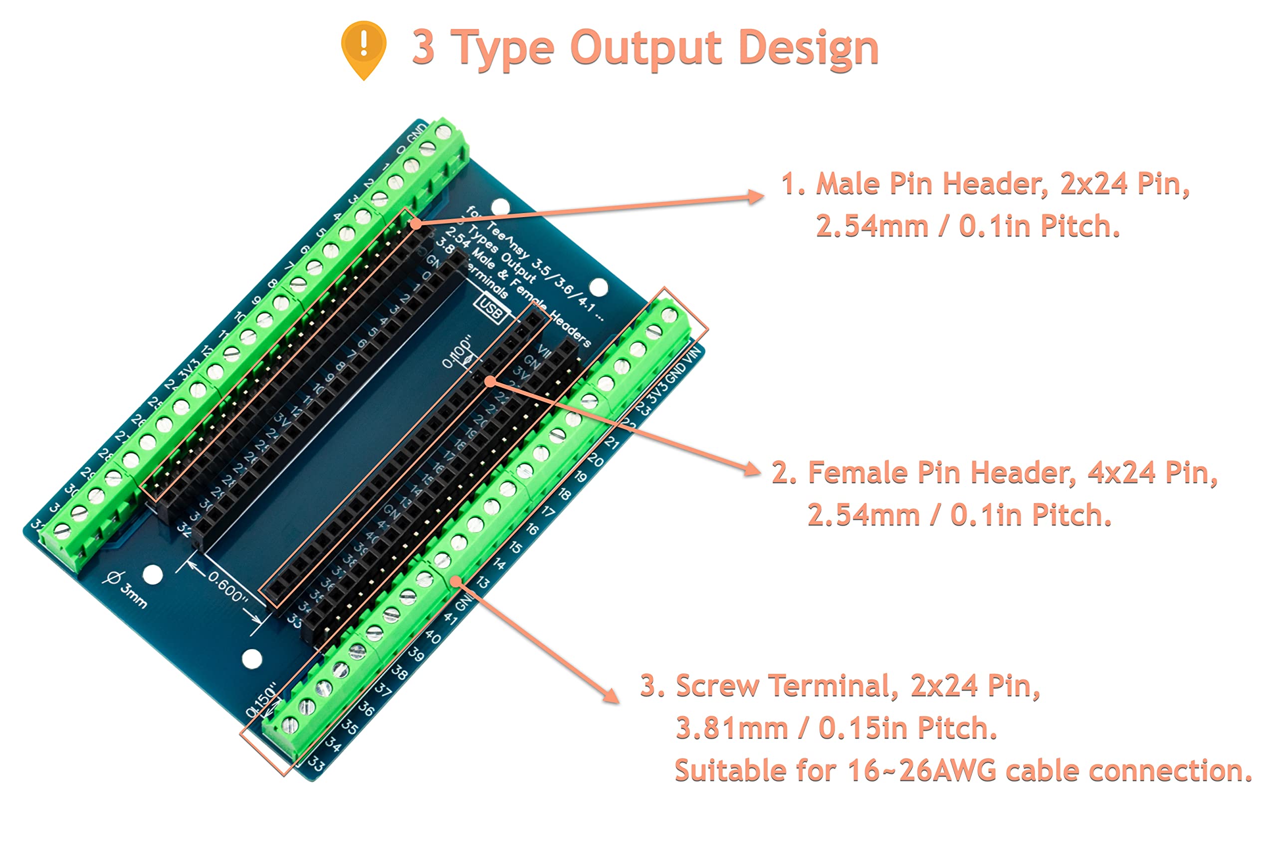 for Teensy 3.5/3.6/4.1 Module Breakout Board 48 Pin 3.81mm / 0.15" Screw Terminal Expansion Board 3 Types Output for Arduino