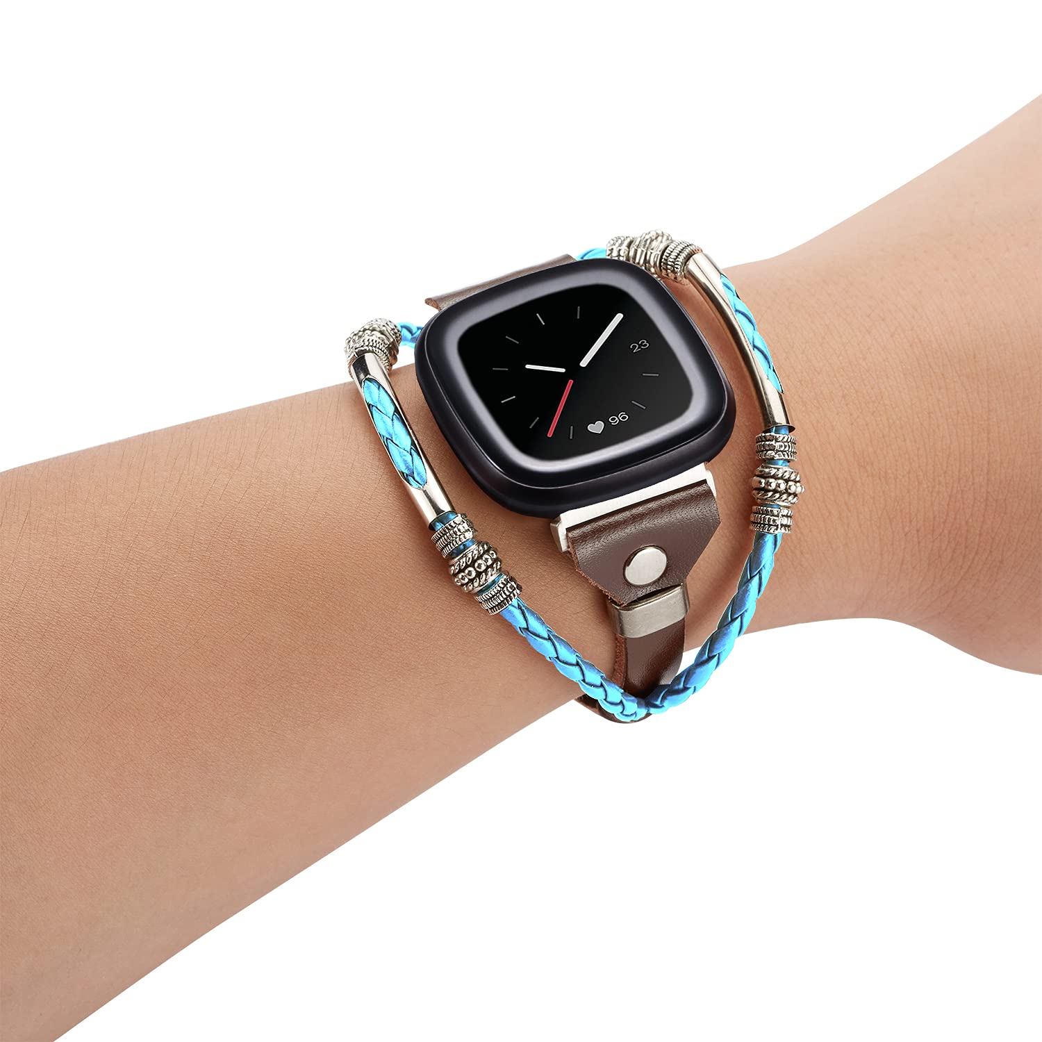 Compatible with Fitbit Sense/Fitbit Versa 3 Bands for Women, Marval.P Handmade Leather Band, Replacement Unique Bracelet Strap, Wristbands Adjustable Size, Fashion Wrist Band Straps (Blue)