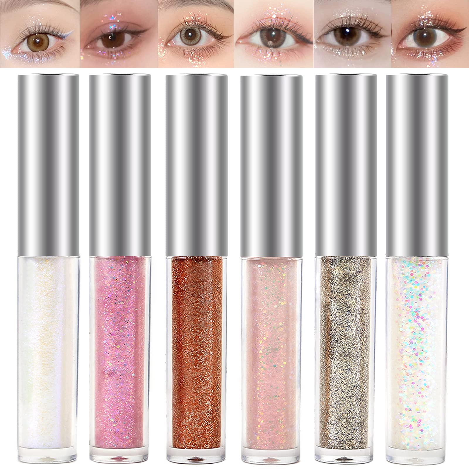 Erinde Liquid Glitter Eyeliner Eyeshadow, Shimmer Metallic Liquid Eye Shadow, Long Lasting, Easy to Apply, Quick Drying, Loose Glitter Glue for Korean Sparkle Tear Drop Makeup, 6PCS