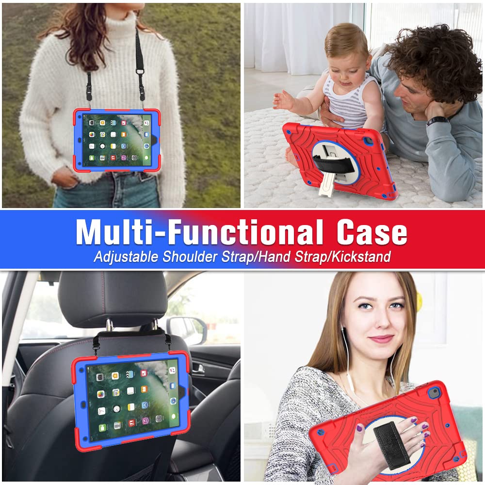 eTopxizu iPad 6th/5th Generation Case, iPad 9.7 Shockproof Kids Case, [360 Rotating Stand] [Hand Strap] [Screen Protector] for New iPad Air 2th Gen, iPad 9.7 Inch 2018/2017, Red&Blue