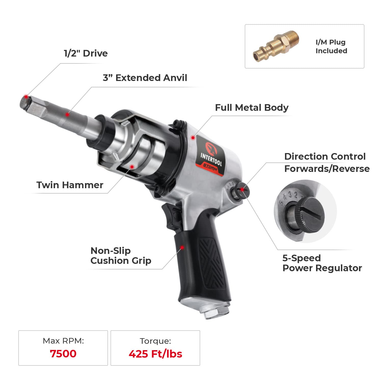 INTERTOOL Air Impact Wrench, 1/2-Inch Square Drive, 3β Extended Anvil, Truck & Car Tires, Auto & Construction Repair PT08-1103