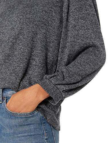 Daily Ritual Women's Cozy Knit Rib Blouson-Sleeve Sweatshirt, Black Marl, Large