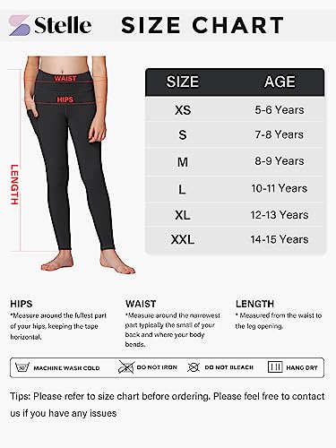Stelle Girls Athletic Active Dance Tight Legging Pants with Pockets for Running Yoga Workout (Black (2 Side Pocket), 8-9 Years)