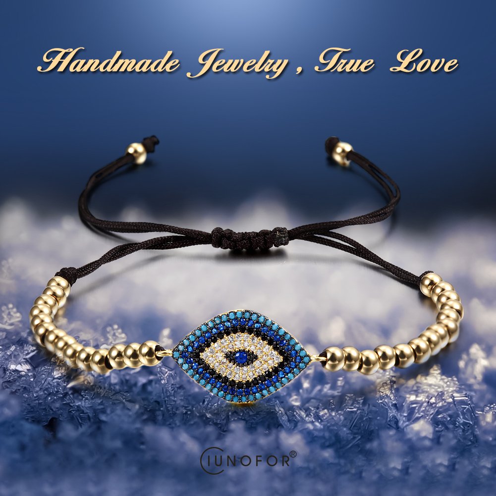 CIUNOFOR 14K Gold Filled Evil Eye Chain Bracelet, Adjustable White Bracelet for Women