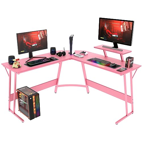 PayLessHere L Shaped Desk Corner Gaming Desk Computer Desk with Large Desktop Studying and Working and Gaming for Home and Work Place,Pink