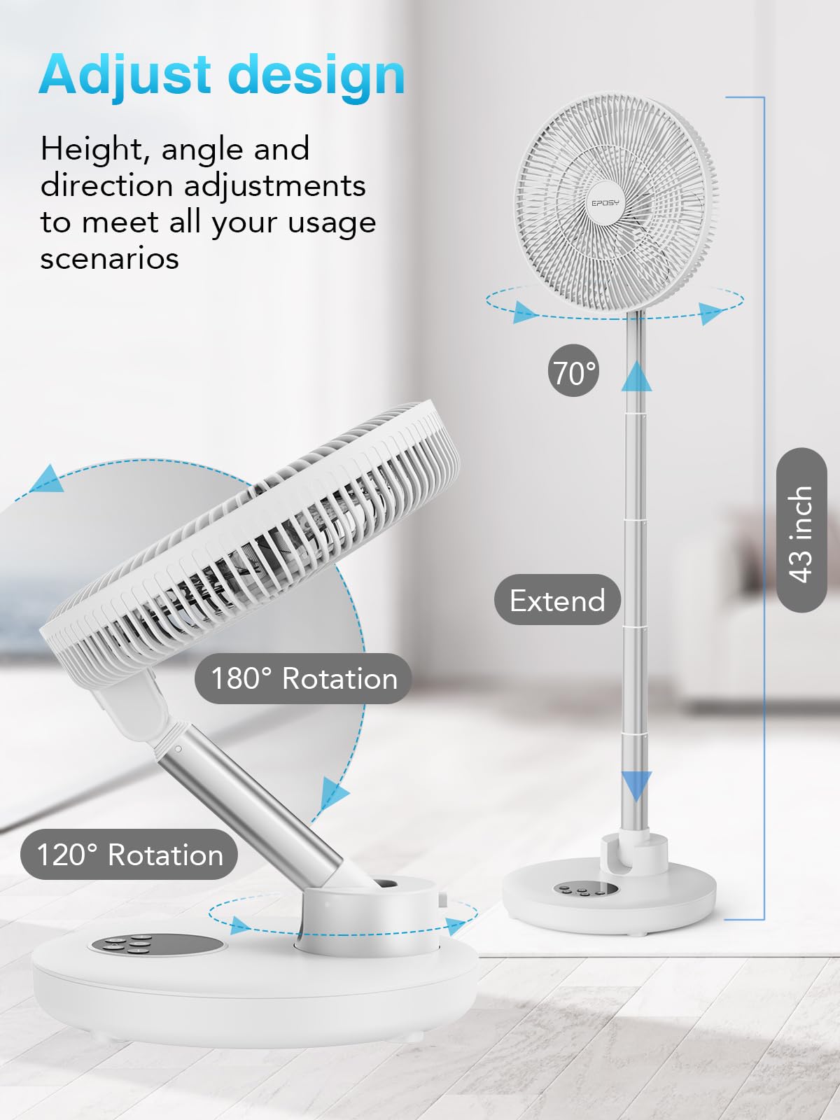 Eposy Standing Oscillating Fan 12" Foldable Portable Quiet Floor Fan, 12000mAh with Remote, Timer Setting, Height Adjustable, 6 Speed Portable Fan for Bedroom Office, Black
