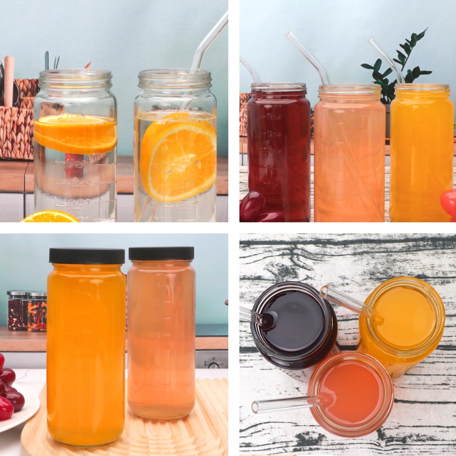 Encheng 16 oz Glass Juice Bottles with Lids,9 Pack Reusable Drinking Jars with Lids and Straws,Clear Round Smoothies Cup for Juicing,Kombucha,Water,Milk,Travel