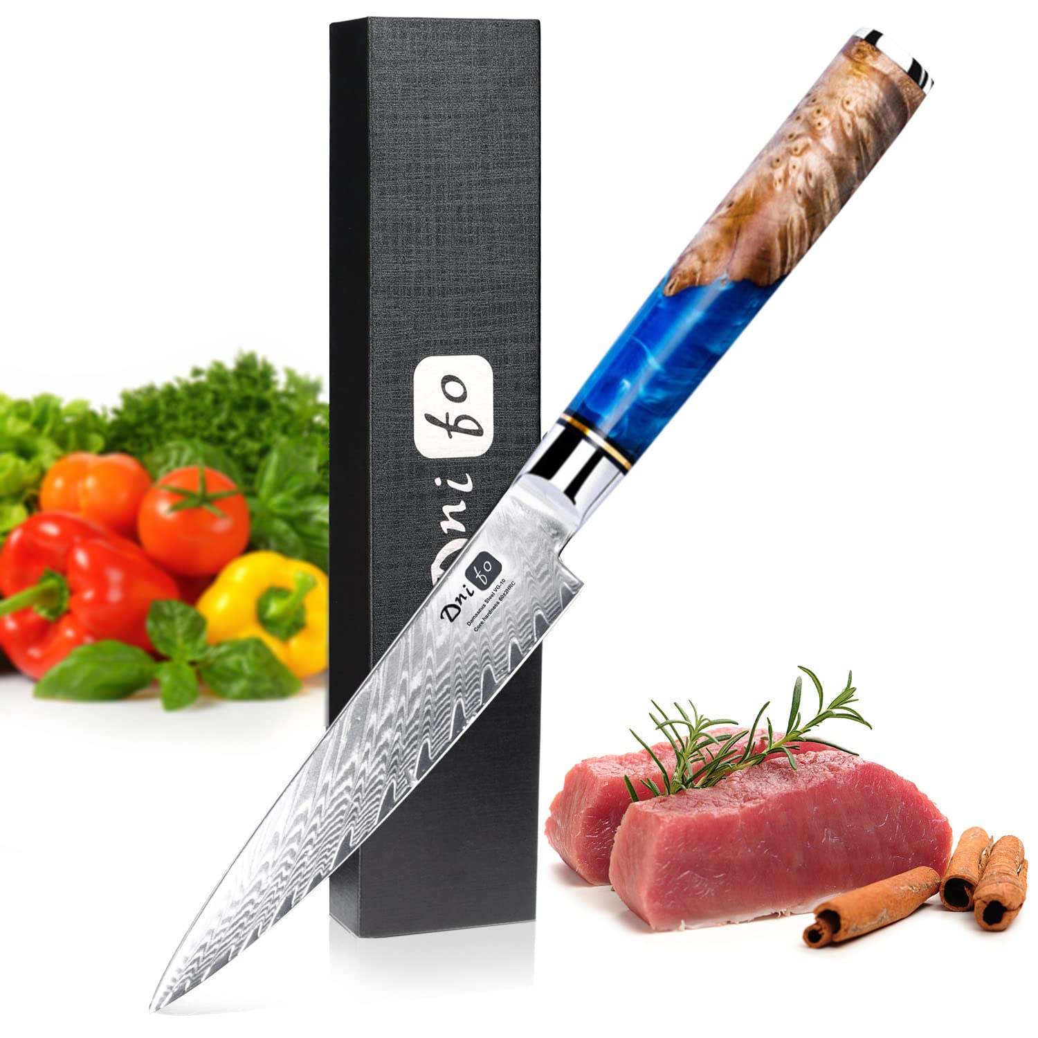Dnifo Kitchen Utility Knife 5 Inch, Damascus Steel Kitchen Knives -Super Sharp Ultimate All-Purpose Knife for Slicing, Mincing, Chopping - Non-stick Blade and Anti-rusting Forged