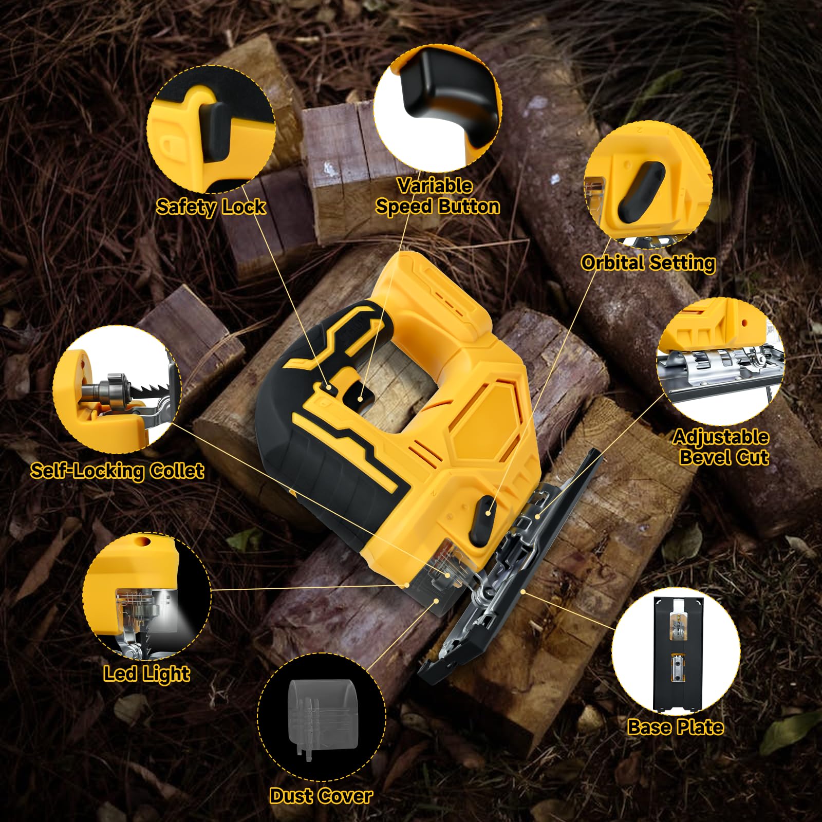 Cordless Jig Saw for DeWalt 20V Battery, 0°-45° Bevel Cuts, Brushless Jigsaw Tool, 3-Position Orbital for Wood/Metal/PVC Cutting