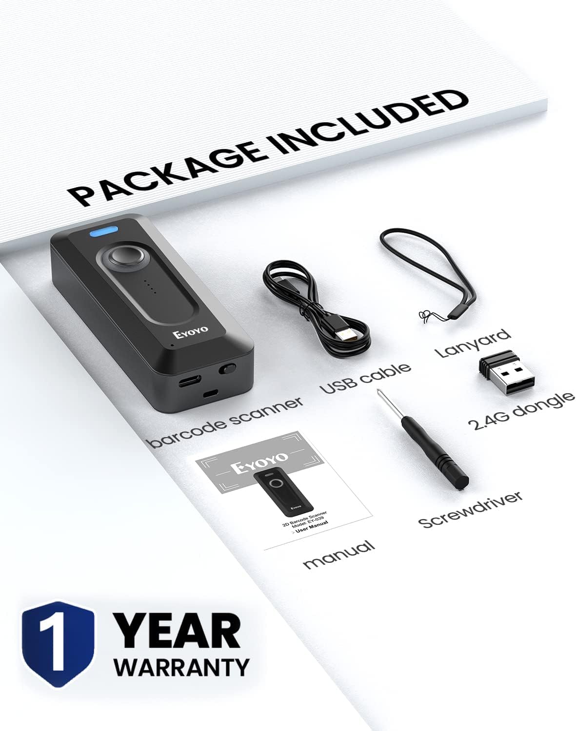 Eyoyo Bluetooth 2D Wireless Barcode Scanner with Clip, 2000mAh Battery with Level Indicator, Portable Mini Bar Code Reader for Inventory Compatible with iPhone, iPad, Android Phone