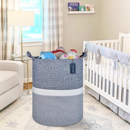COMSE Extra Large Blanket Basket, Tall Laundry Basket, Laundry Hamper, 15.7βx 21.7β, Storage Basket, Blanket Basket for Living room, Toy Basket, Woven Basket, Clothes Baskets,Blend Navy Blue/White