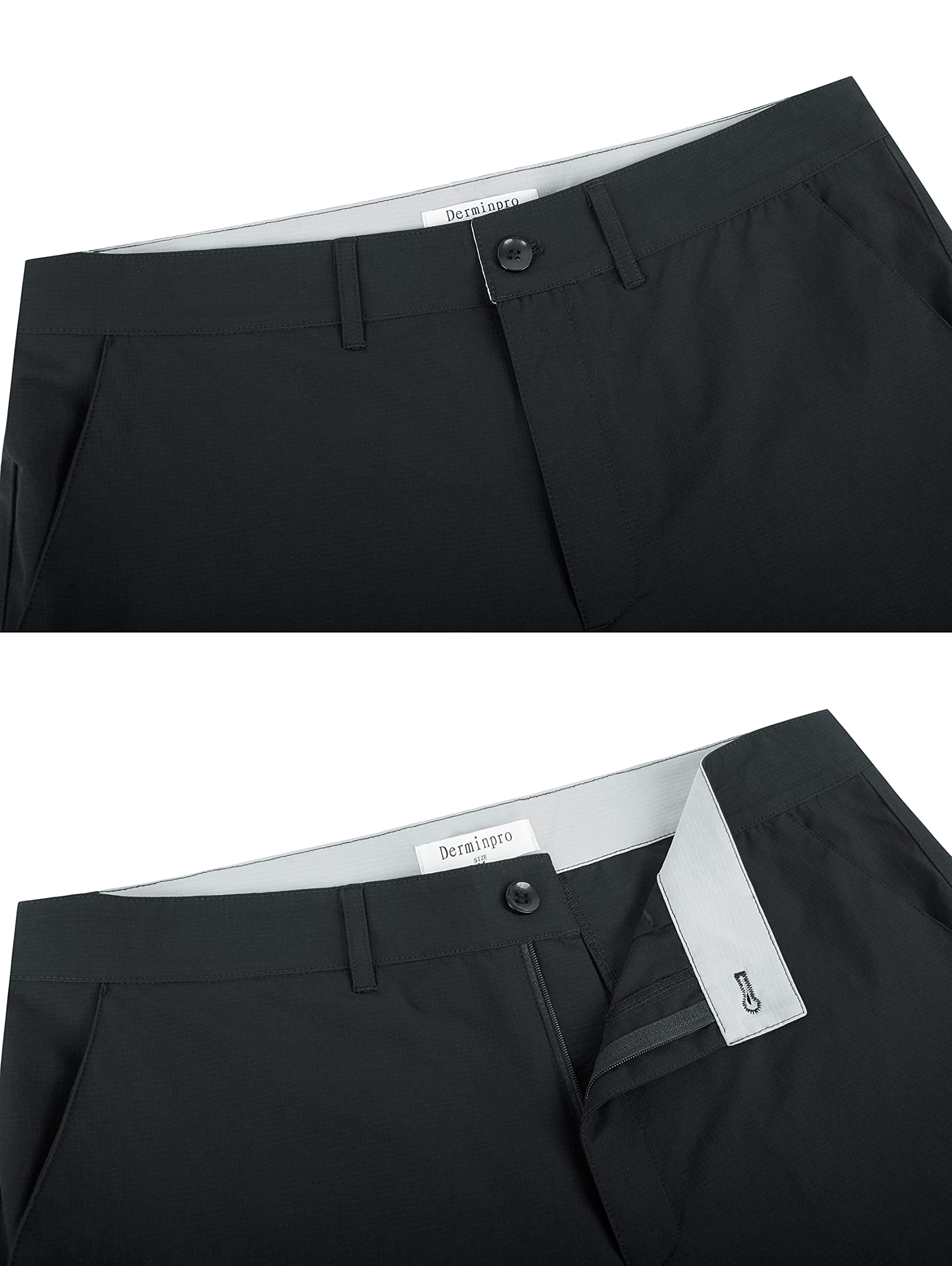 Derminpro Men's Waterproof Quick Dry Pocketed Stretch Zip Pockets Hiking Shorts Black Large