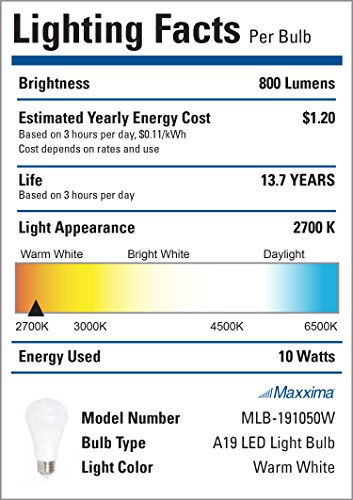 Maxxima LED A19 800 Lumens 60 Watt Equivalent Light Bulb Set - 2700K Soft White Light, Energy Efficient 10 Watts, E26 Base, Non-Dimmable, for Bathrooms, Lamps, and Living Rooms - 12 Pack