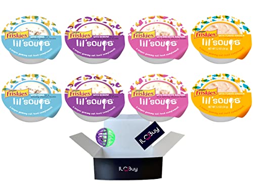 ILC Buy Lil Soups for Cats Bundle, 4 Flavor Variety, (2) Each: Shrimp, Sockeye Salmon, Tuna, Flaked Chicken (1.2 Ounces) Plus a Noisy Cat Toy Ball and Magnet