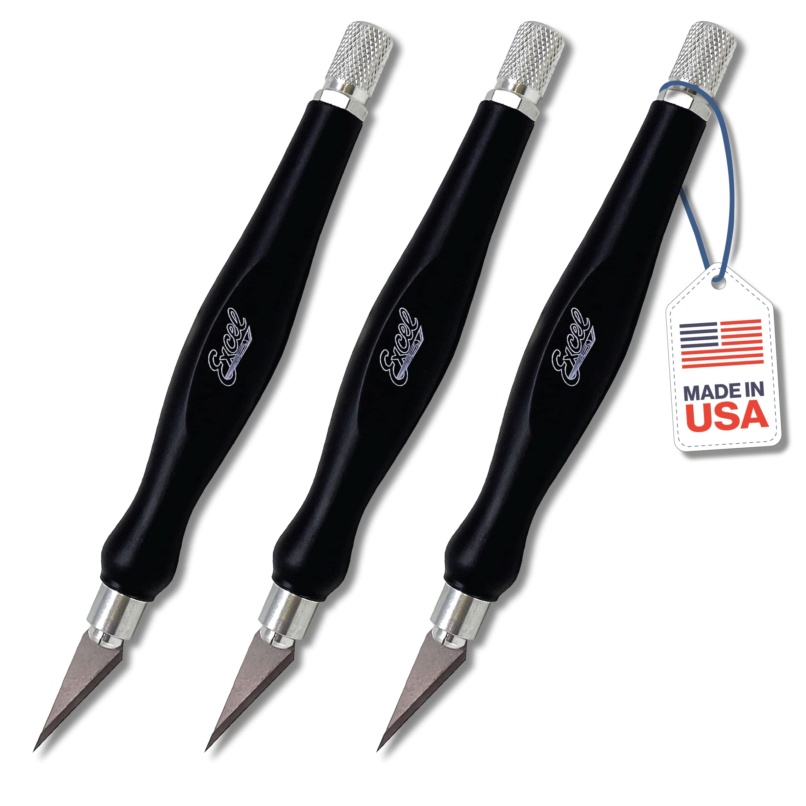 Excel Blades Fit Grip Knife. Ultra Sharp Knife with Carbon Steel Angled Edge Blade & Contoured Rubberized Grip, Made in the USA, Light Duty Cutting Tool for Precision Cutting & Trimming, Black, 3 Pack