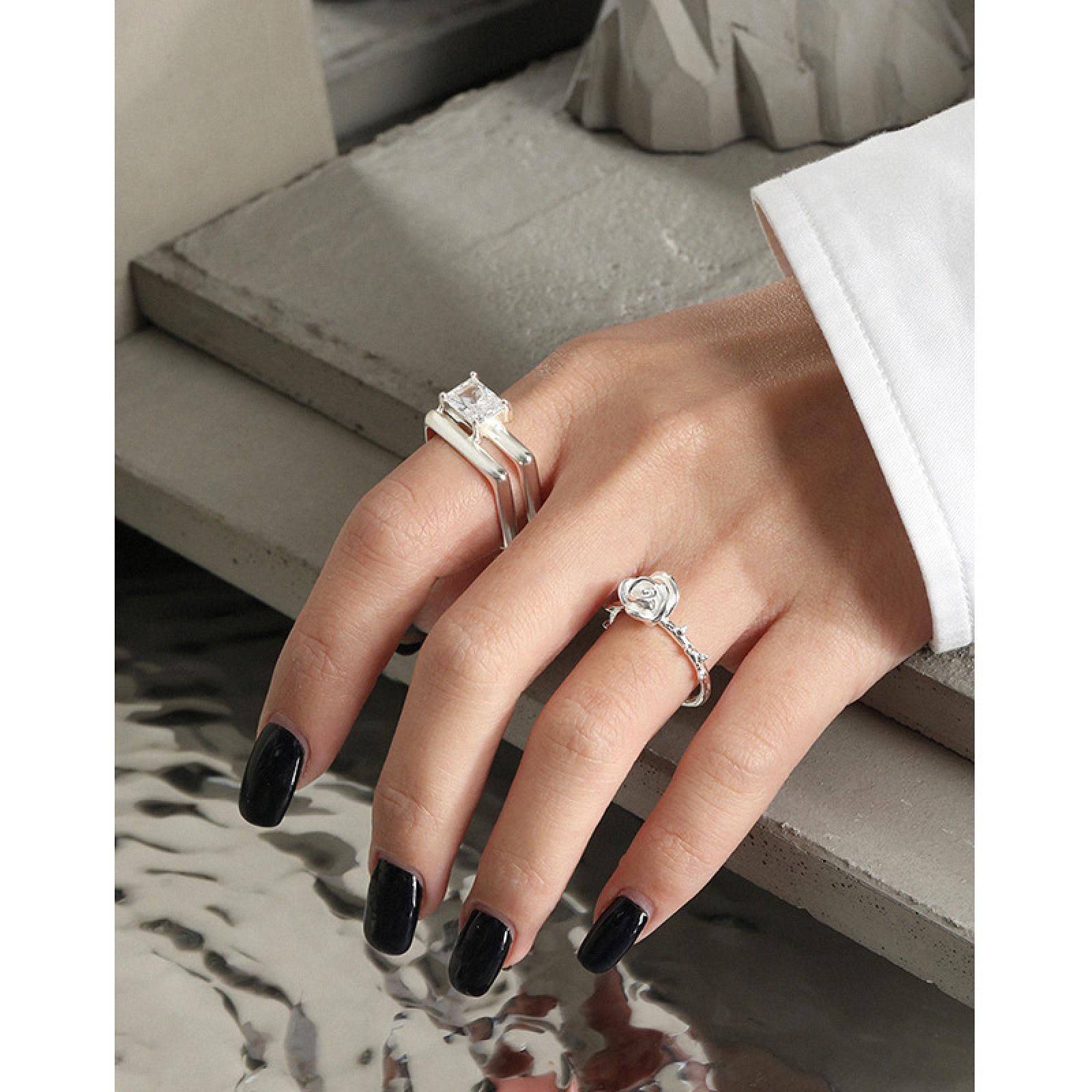 Crystal Geometric Square Open Ring, Women'S Wedding Party Jewelry Silver, One Size