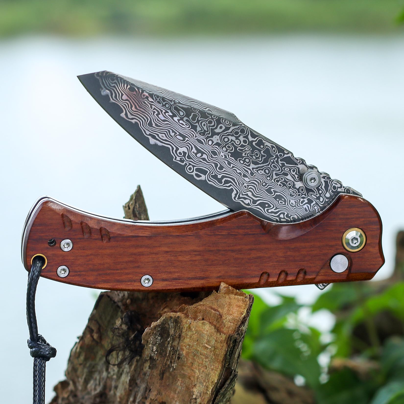 FORESAIL Button Lock Pocket Knife for EDC,Folding Knife, Thumb Stud & Flipper Opener, With leather sheath,Wood Handle with 3.6" Damascus Steel Blade for Outdoor, Camping, Hunting